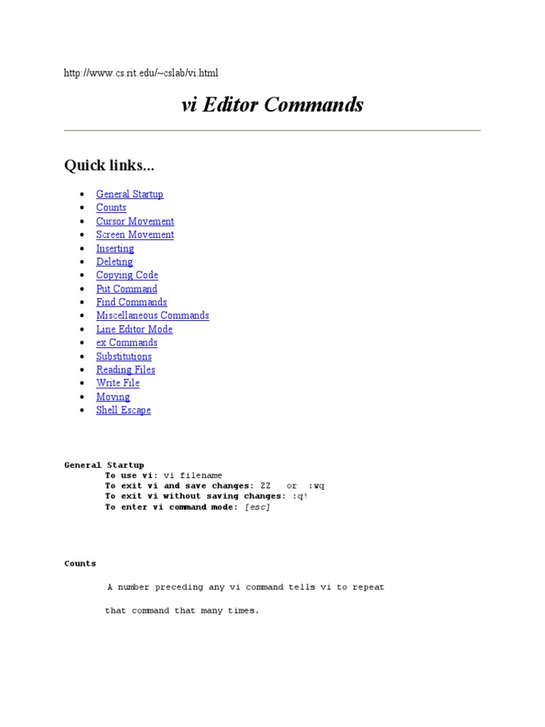 VI Editor Commands: Quick Links.. | PDF | Computer File | Computer Terminal