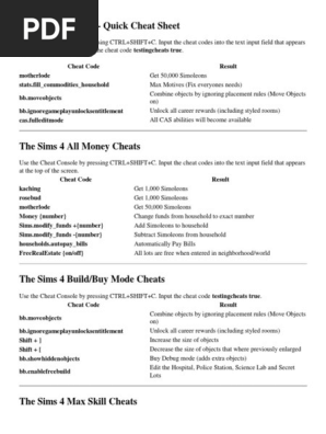 Sims Custom Content The Sims Cheat Code Cheat Sheet
