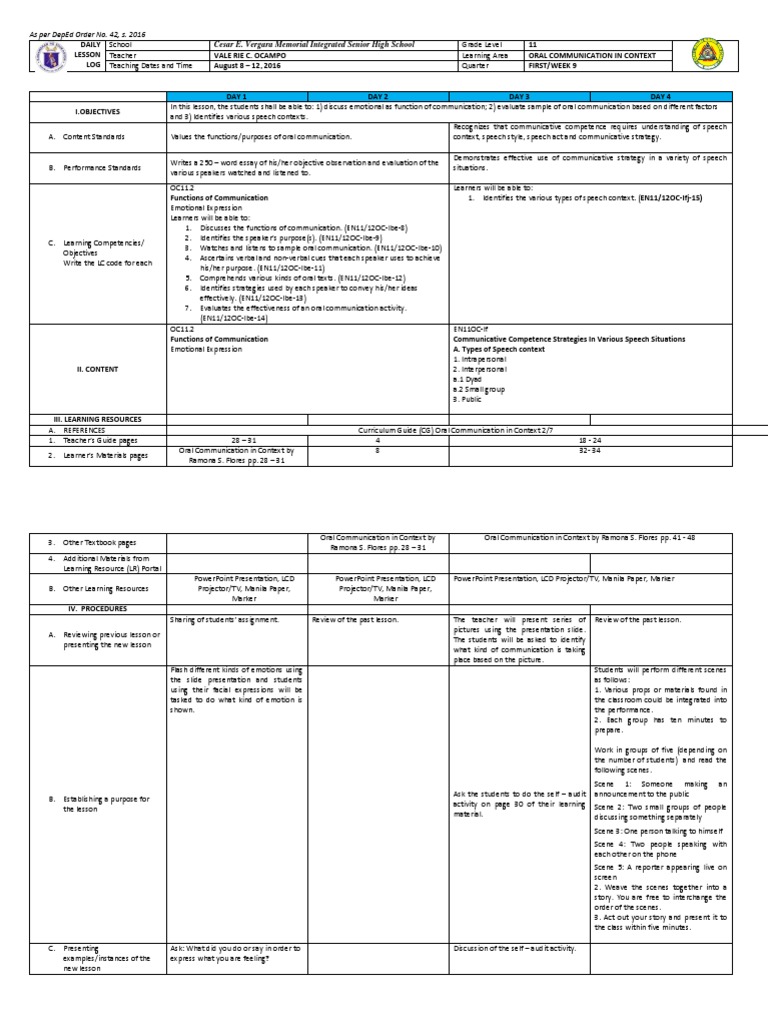 Oral Comm Week 9 DLL | PDF | Communication | Teachers