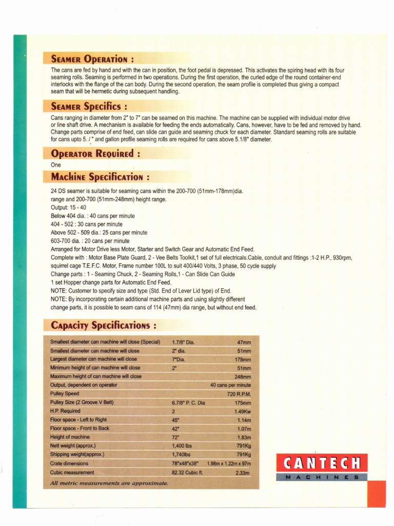 Double Seamer Machine Specifications | PDF | Machines | Vehicles