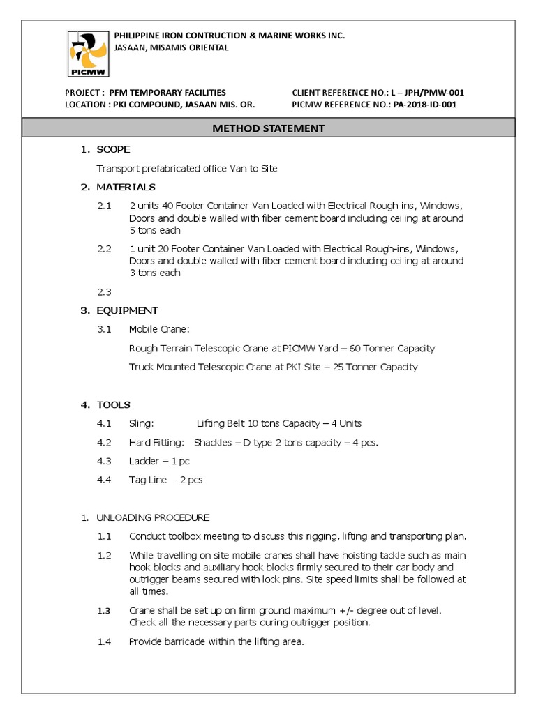 PKI Method Statement | PDF | Crane (Machine)