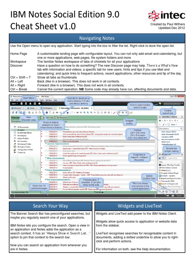 IBM Notes Social Edition 9.0 Cheat Sheet v1.0 | PDF | Ibm Notes ...