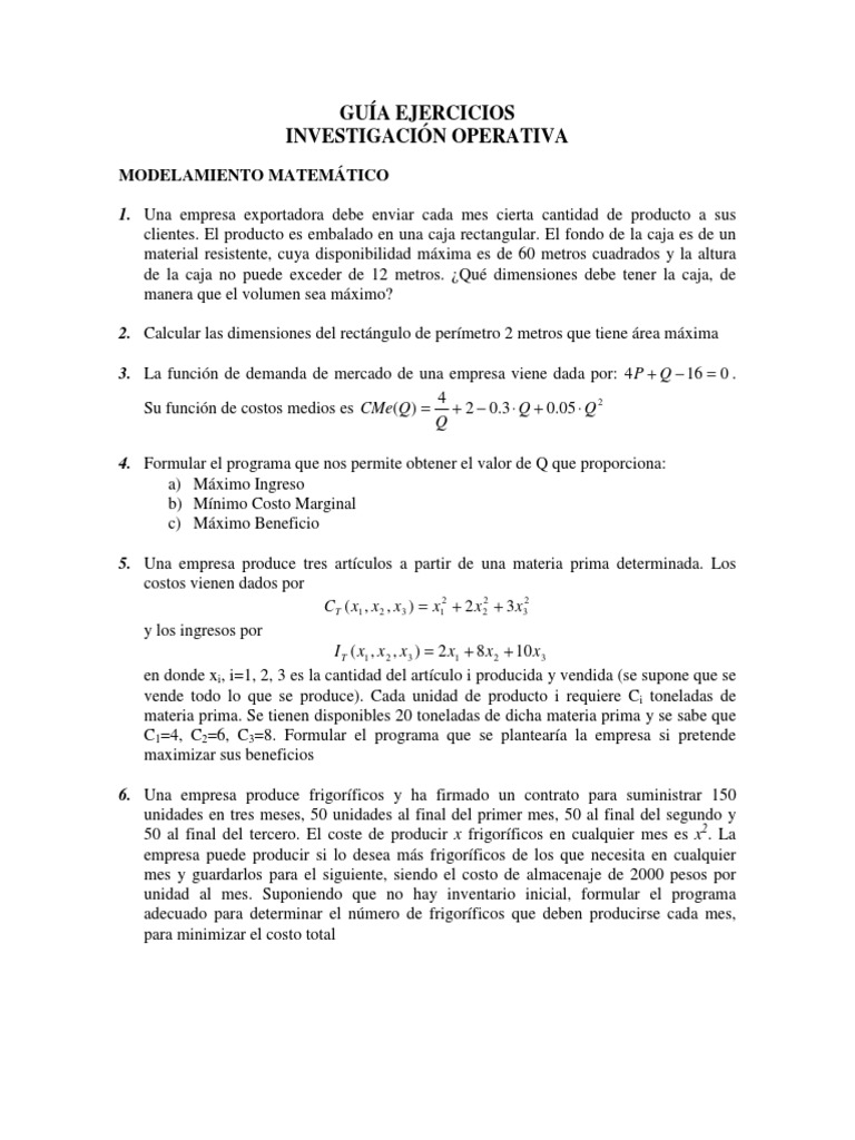 Guia Ejercicios INVOP | PDF | Optimización Matemática | Microeconomía