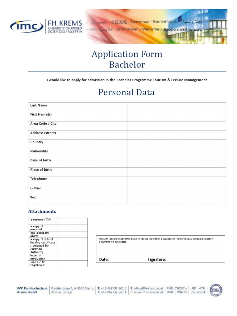 Bachelor Application Form for Tourism Management | PDF