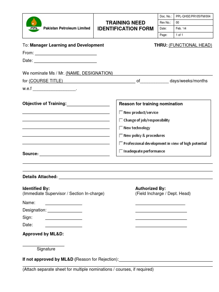 Training Need Identification Form: Objective of Training: Reason For ...