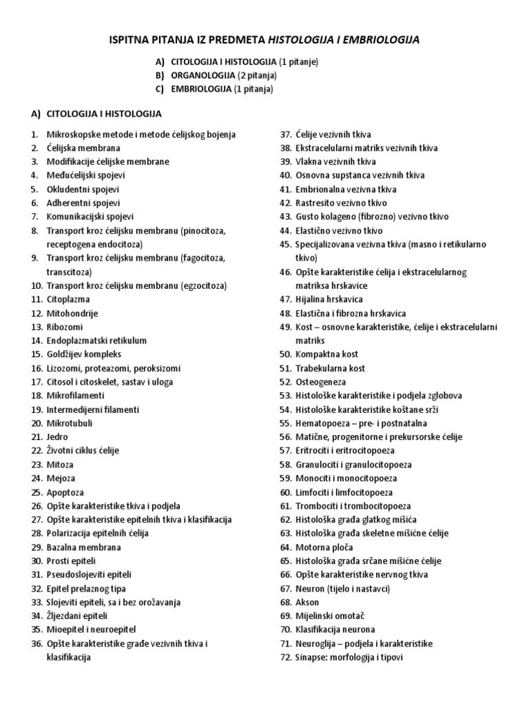 Ispitna Pitanja Iz Predmeta Histologija I Embriologija | PDF