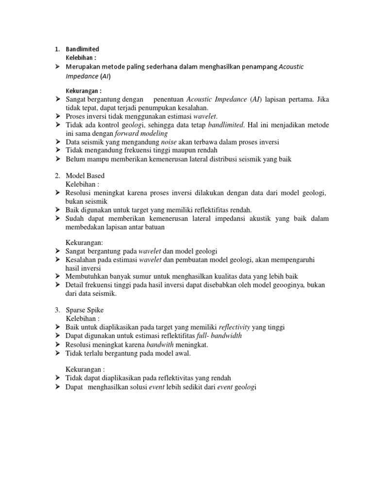 Metode Inversi Seismik: Bandlimited, Model Based, Sparse Spike | PDF