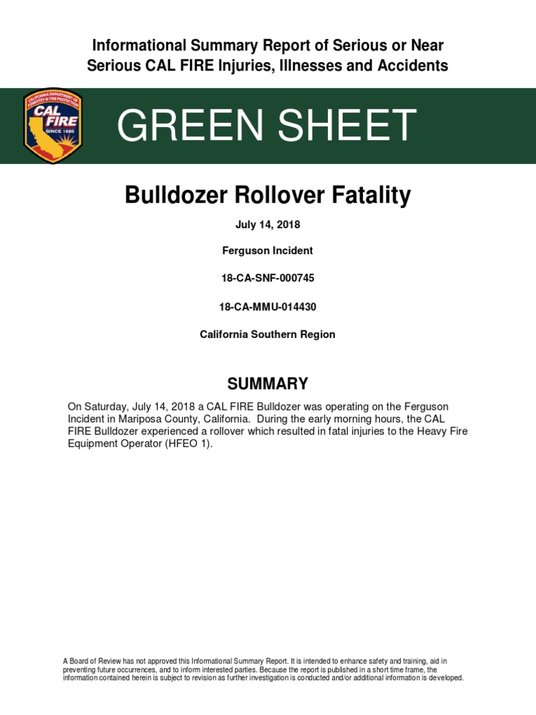 Cal Fire Bulldozer Rollover Fatality Green Sheet | PDF | Risk ...