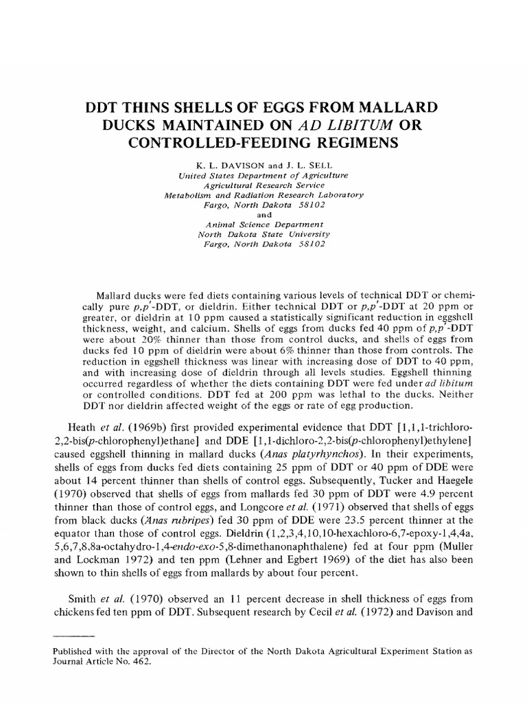 DDT Thins Shells of Eggs From Mallard Ducks Maintained On A D Libitum or Controlled-Feeding ...