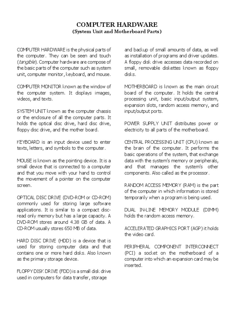 Computer Hardware Parts and Functions | PDF | Computer Hardware | Bios