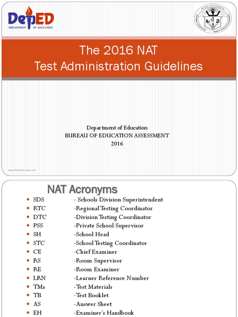 2016 NAT Test Admin Guidelines For Orientation | PDF | Test (Assessment ...