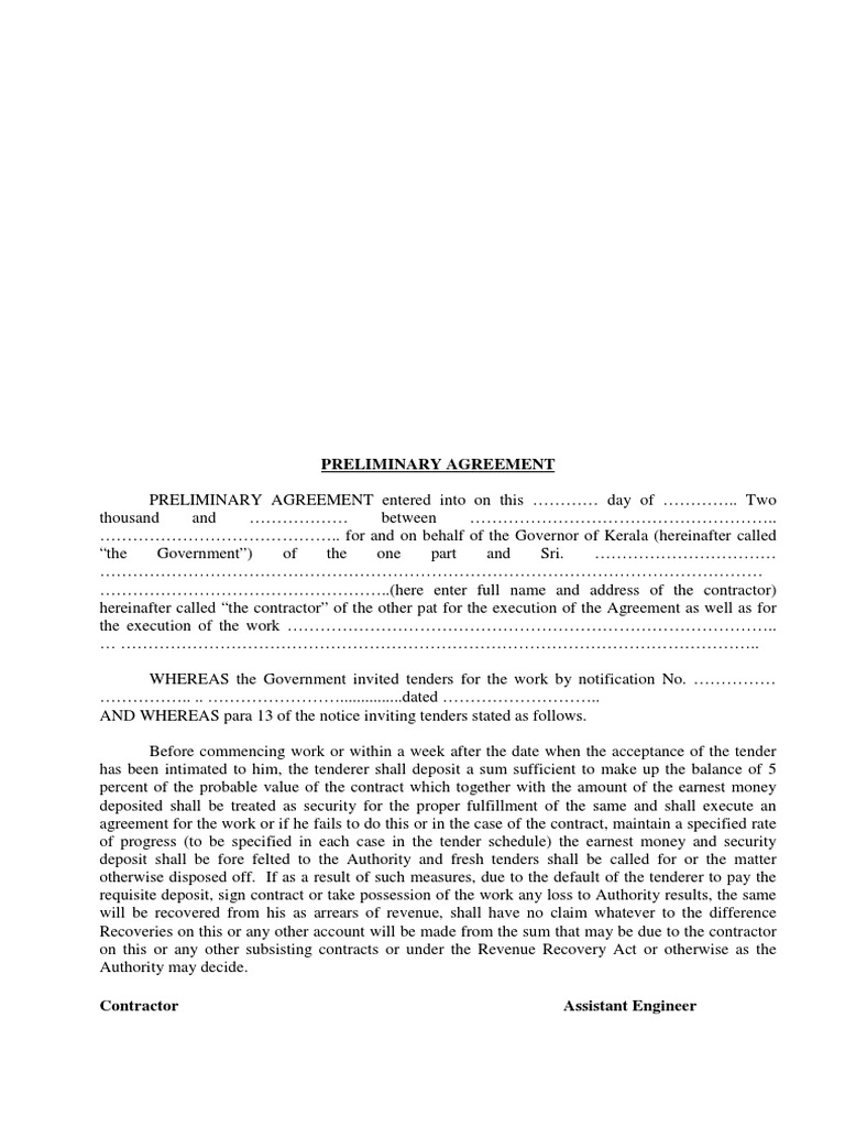 Preliminary Agreement for the Execution of Construction Work between ...