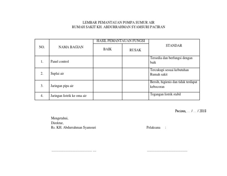 Form Lembar Pemantauan Pompa Sumur Air | PDF