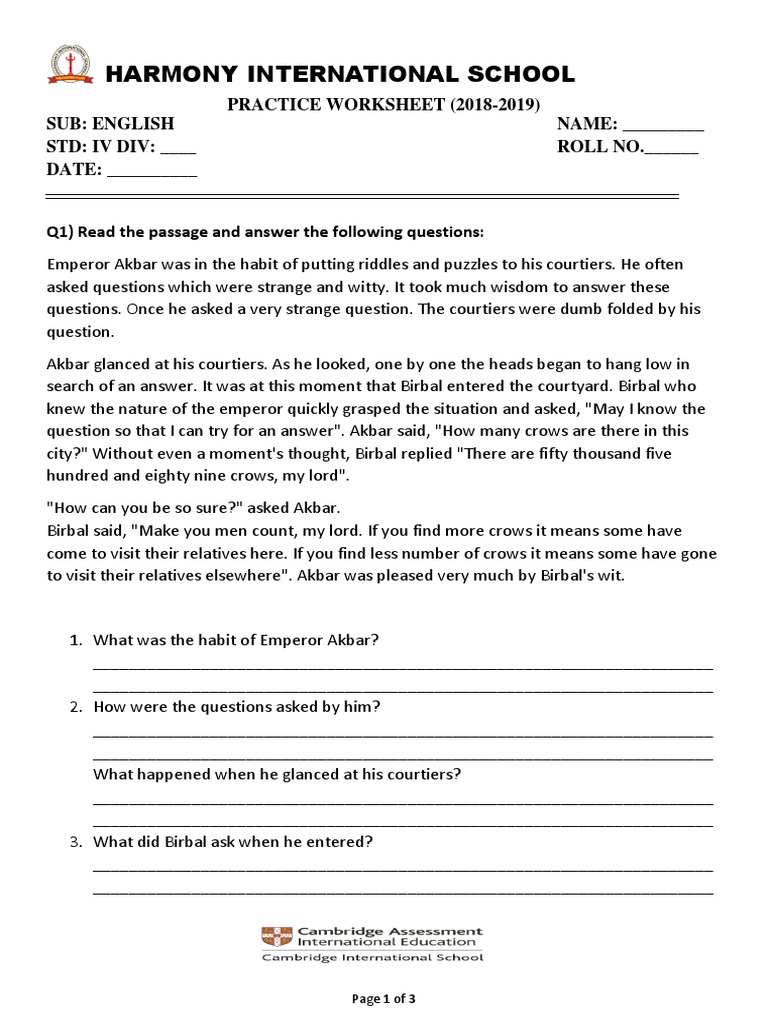 Practice Worksheet 1 Grade IV English | PDF