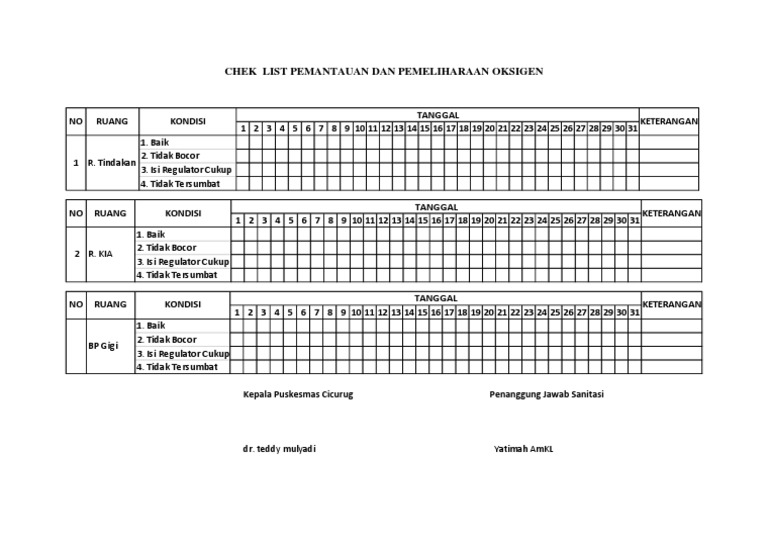 Checklist Pemeliharaan Oksigen | PDF