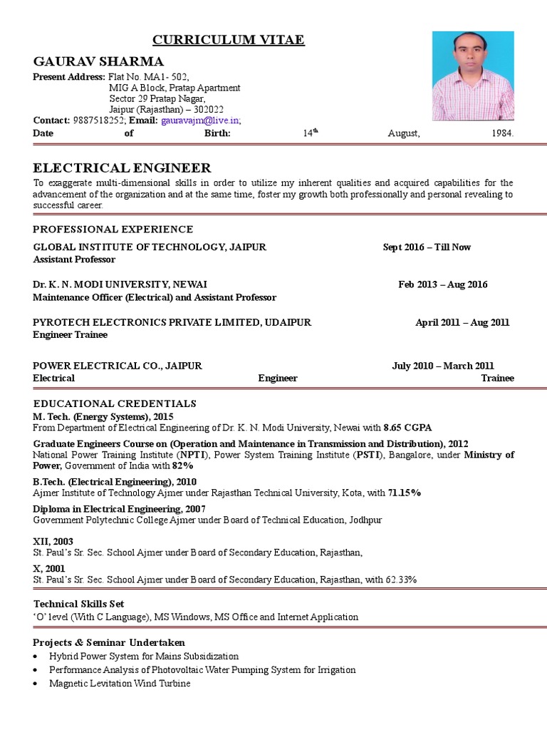 Curriculum Vitae Gaurav Sharma: Professional Experience | Download Free PDF | Electrical ...
