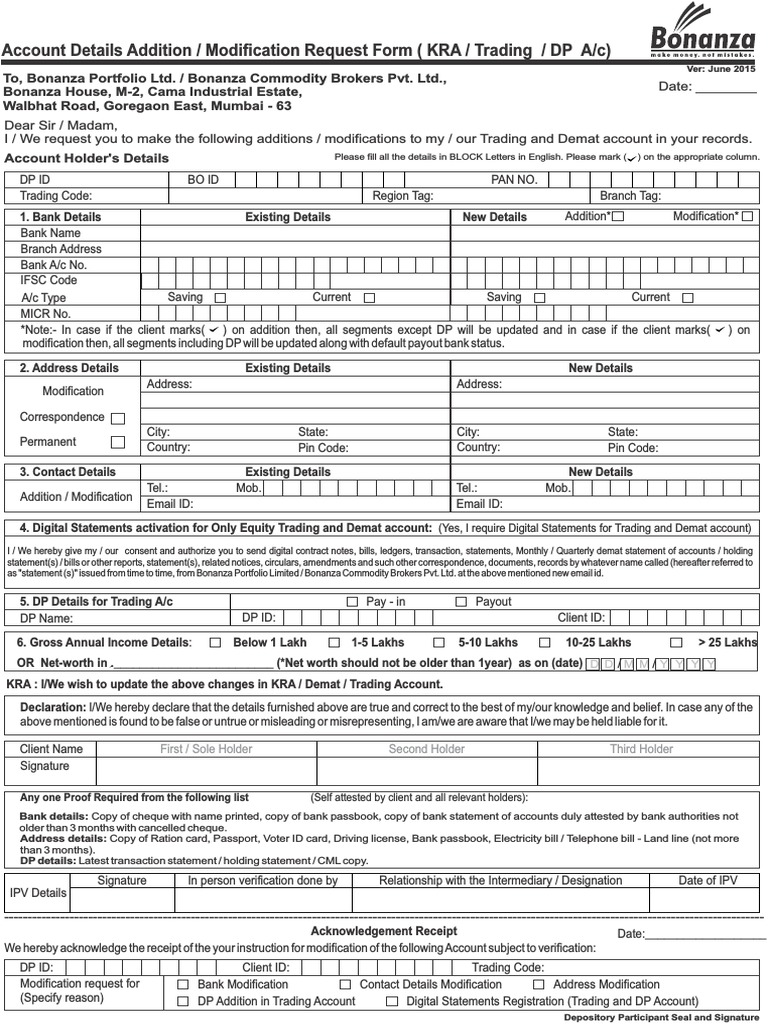 Account Details Addition / Modification Request Form (KRA / Trading ...