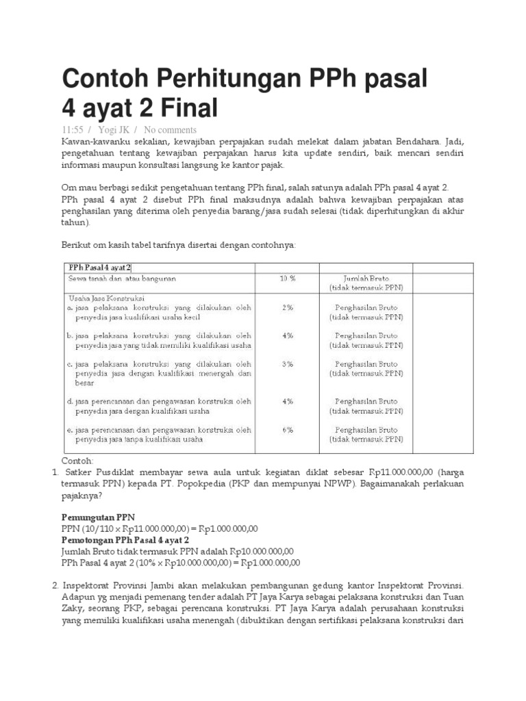 Contoh Perhitungan PPh 4 Ayat 2 Final | PDF | Hukum