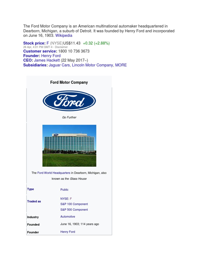 Wikipedia F: Stock Price Customer Service Founder CEO Subsidiaries ...
