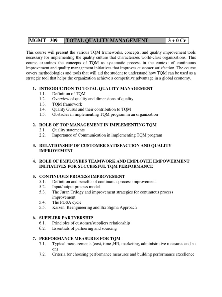 Course Outline of TQM | PDF | Quality Management | Business Process