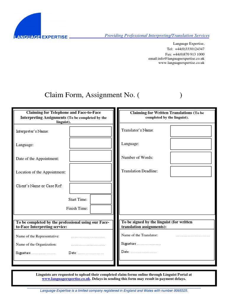 Claim Form, Assignment No. : Providing Professional Interpreting ...