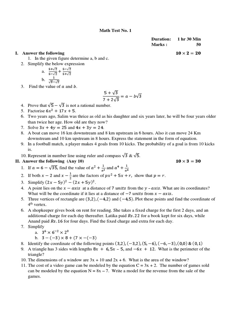 Math Test No. 1 Duration: 1 HR 30 Min Marks: 50 I. Answer The Following ...