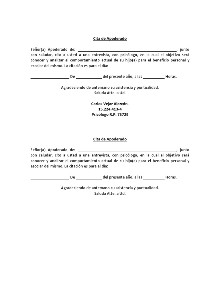 Cita Apoderado Formato Libreta | PDF