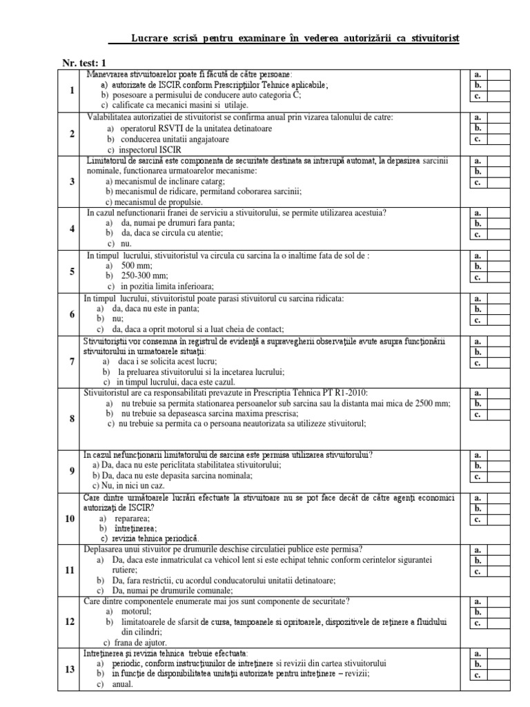 Chestionare Stivuitorist PT Examen 2018 | PDF