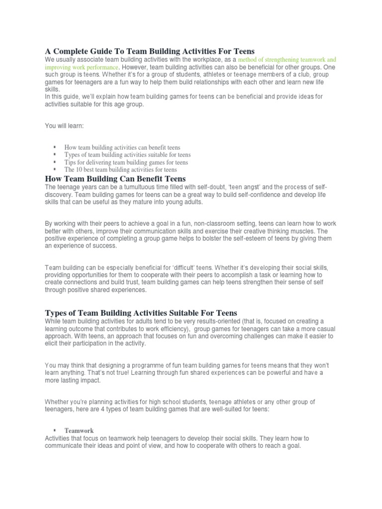 Team Building Activities for Teens Guide | PDF | Team Building ...