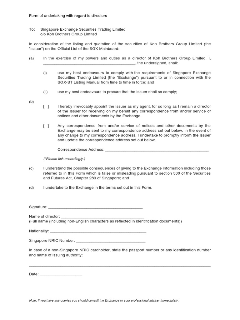 Form of Undertaking With Regard To Directors: ( Please Tick Accordingly.) | Download Free PDF ...