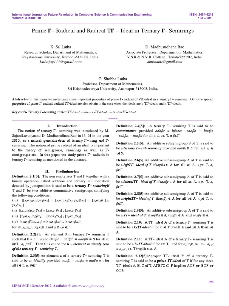 Prime - Radical and Radical T - Ideal in Ternary - Semirings | PDF ...