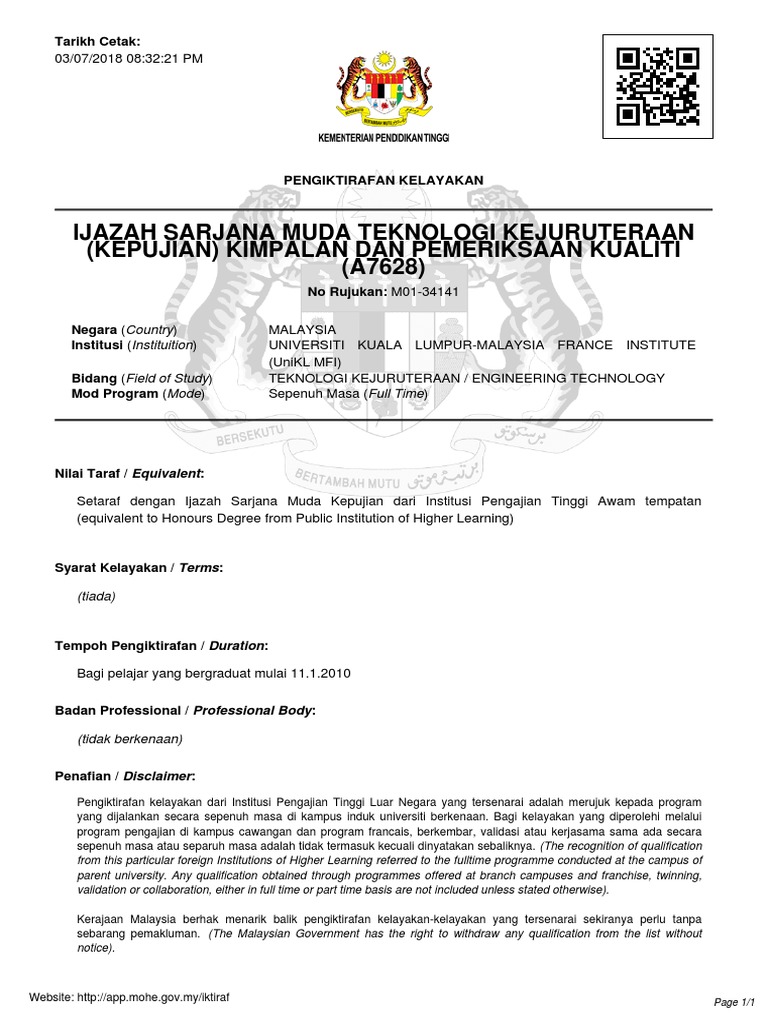Ijazah Sarjana Muda Teknologi Kejuruteraan (Kepujian) Kimpalan Dan Pemeriksaan Kualiti (A7628) | PDF