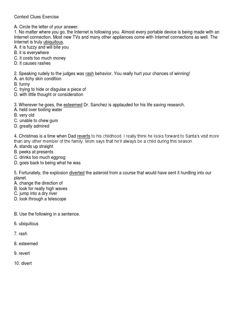 Context Clues Exercise | PDF