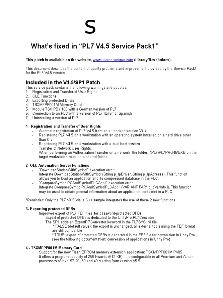 What's Fixed in "PL7 V4.5 Service Pack1" | PDF | Areas Of Computer ...