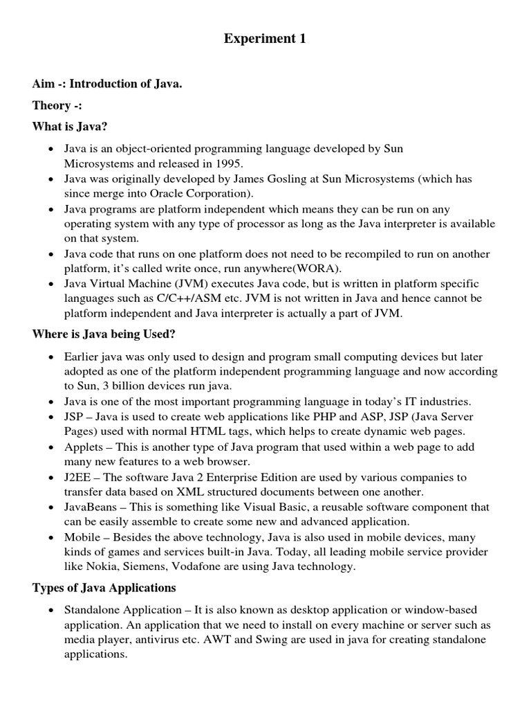 Experiment 1: Aim - : Introduction of Java. Theory - : What Is Java ...