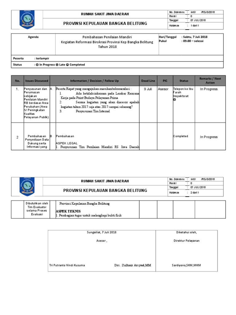 Notulen Rapat (Minutes of Meeting) 7 Juli 2018 | PDF