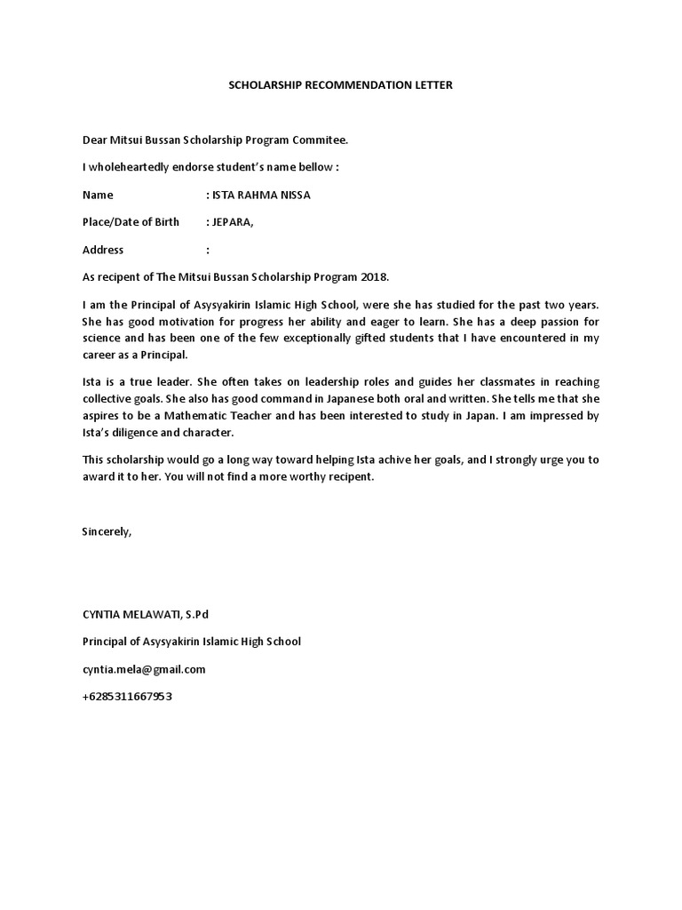 Scholarship Recommendation Letter | PDF | Behavior Modification