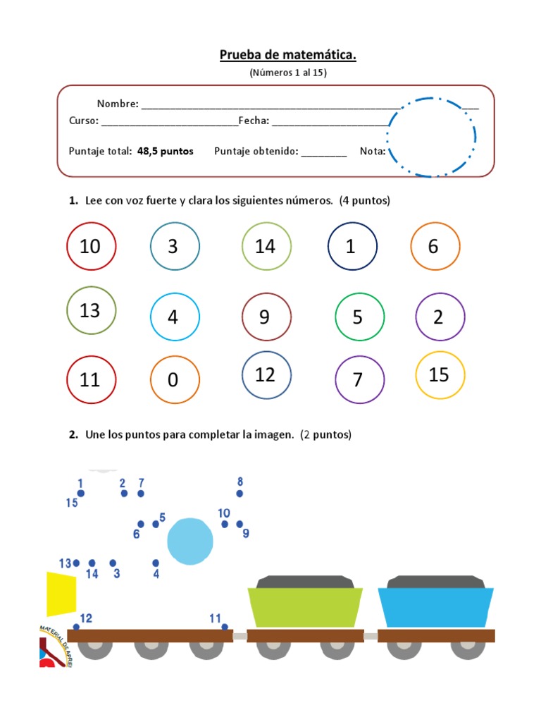 prueba numeros 1 al 15 1° basico