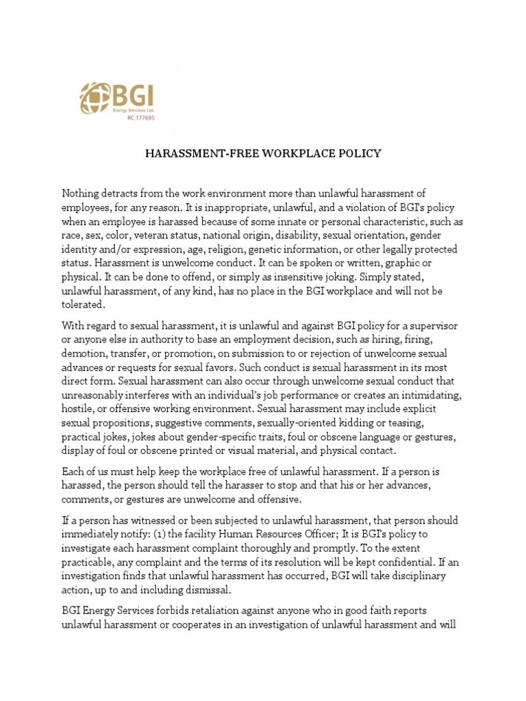 A Harassment-Free Workplace: BGI's Policy Against Unlawful ...