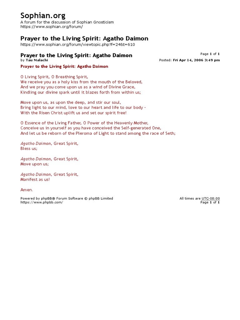 Prayer To The Living Spirit - Agatho Daimon PDF | PDF