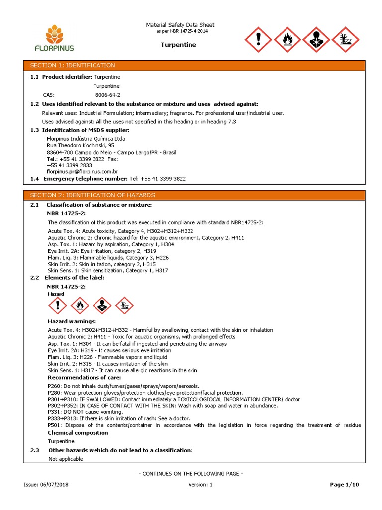 Section 1: Identification: Turpentine | PDF | Toxicity | Firefighting