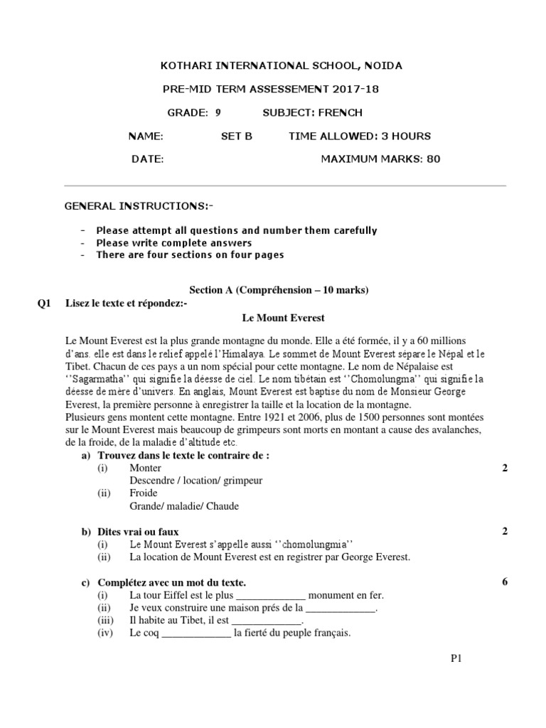 Évaluation de Français - Classe 9 | PDF