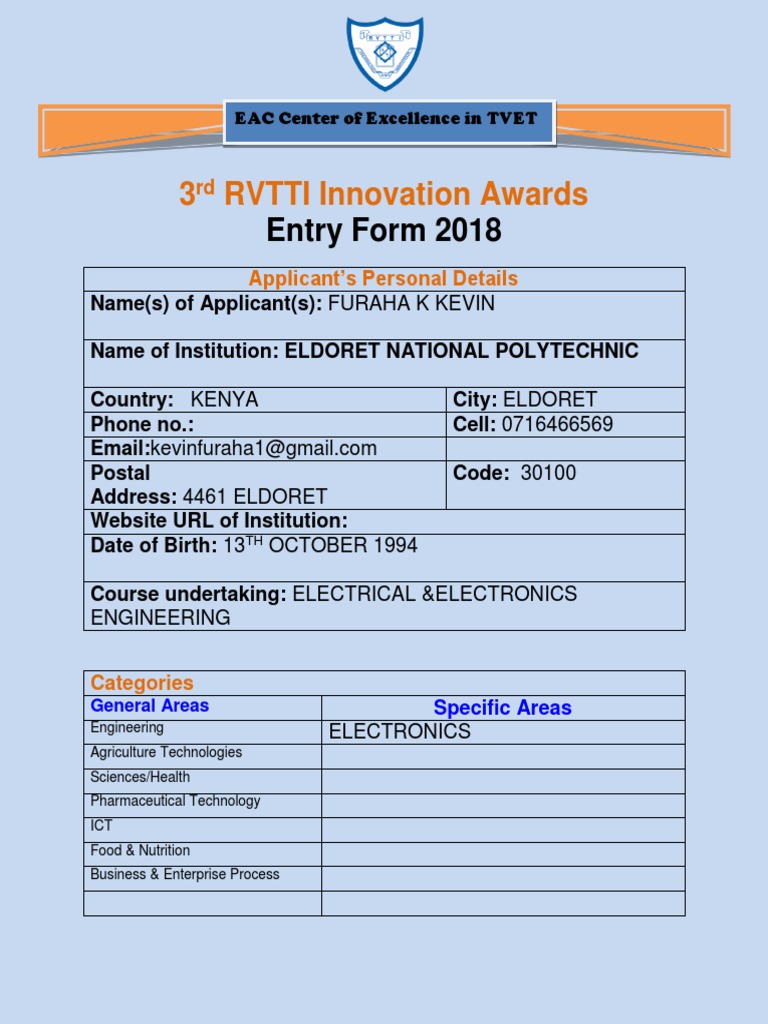 RVTTI Innovation Awards Entry 2018 | PDF | Kenya | Innovation