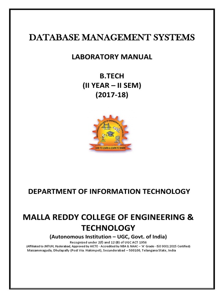 Dbms Lab Manual Ii B Tech It Semii 2017 18 Pdf Relational Database Oracle Database