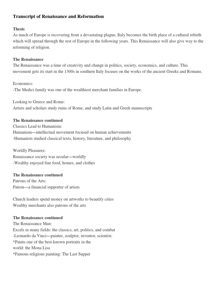 Transcript of Renaissance and Reformation | PDF | Renaissance | Martin ...