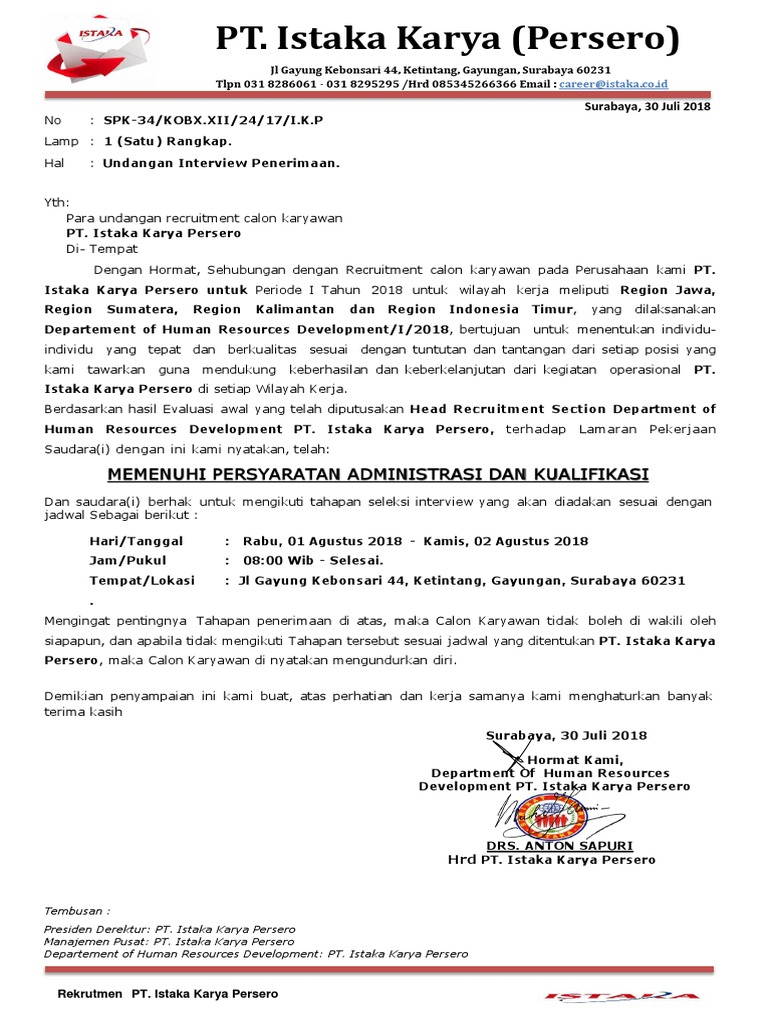 Surat Undangan Interview Dan Seleksi Penerimaan PT Iskata Karya ...