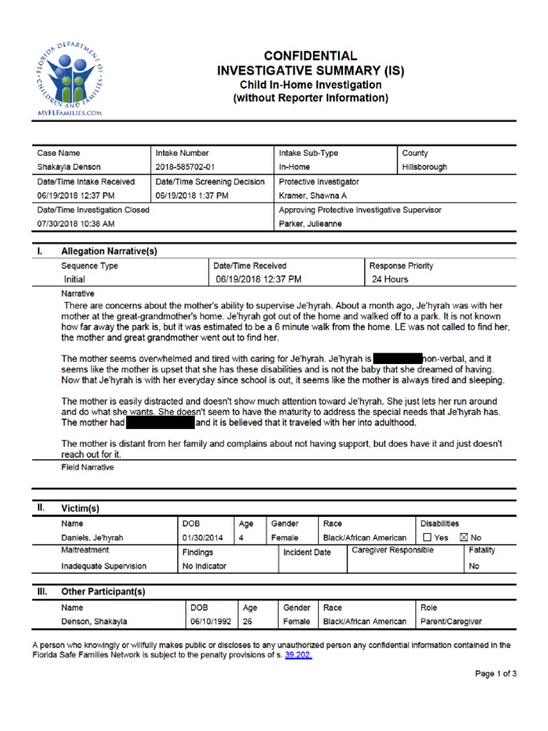DCF Report On Shakayla Denson | PDF | Single Parent | Child Abuse