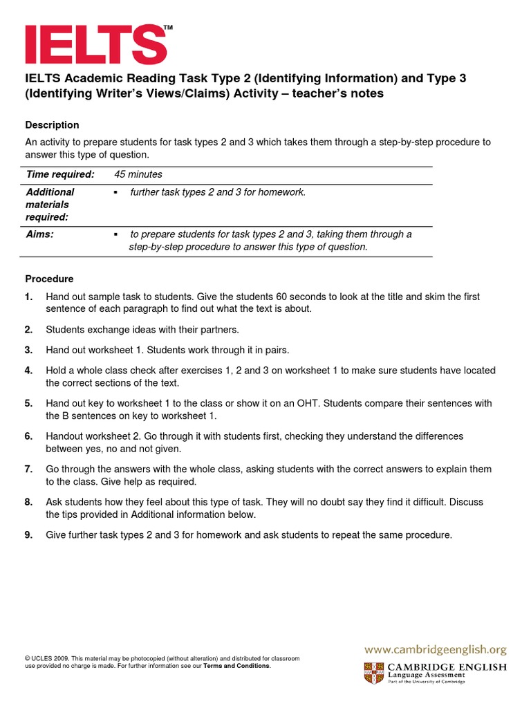 Ielts Academic Reading Task Type 2 Identifying Information and Task ...