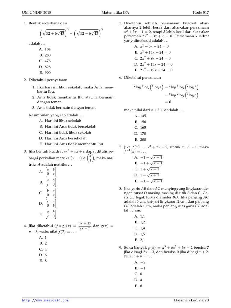 Soal UM UNDIP 2015 Matematika Ipa 517 PDF | PDF