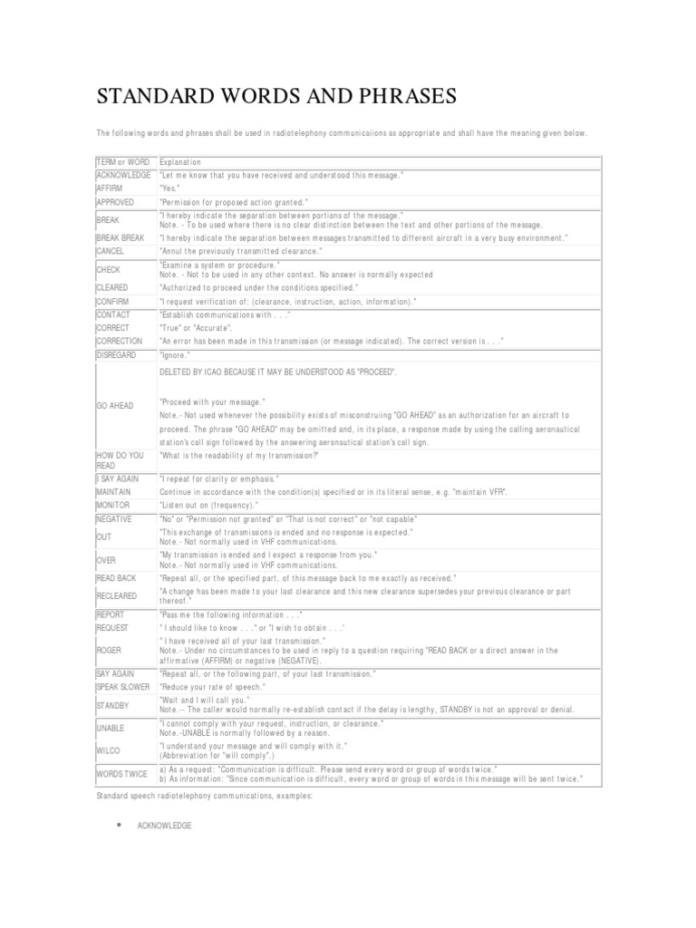 Aviation Radiotelephony Standard Phrases | PDF | Air Traffic Control ...